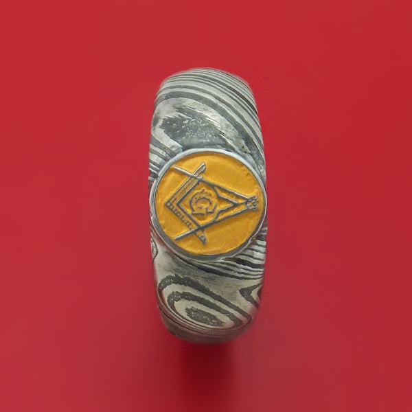 Woodgrain Kuro Damascus Steel Masonic Emblem Signet Ring with Cerakote ...