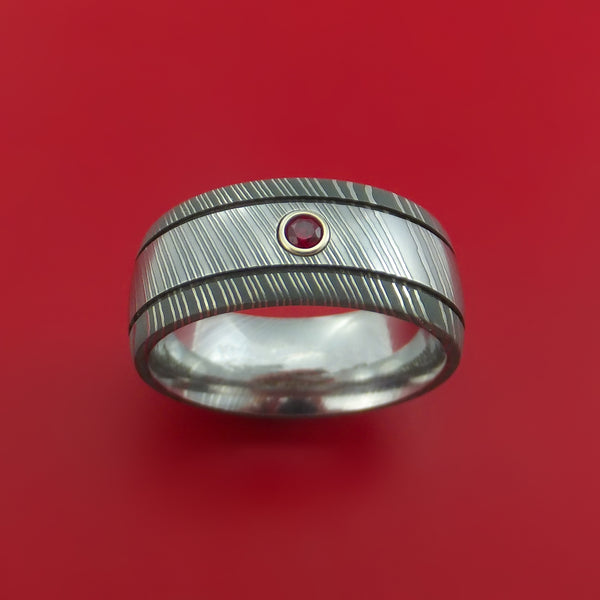 Damascus Steel Ring with Groove Inlay and Ruby Custom Made Men's ...