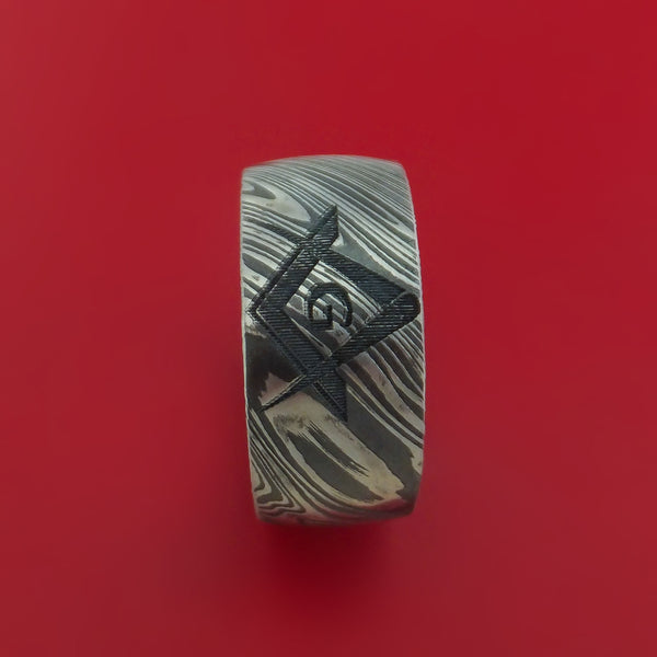 Woodgrain Kuro Damascus Steel Masonic Emblem Ring Custom Made Band ...