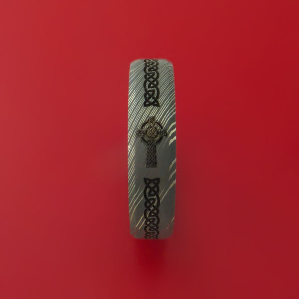 Damascus Steel Ring with Cross Etched Celtic Design Inlay and Interior ...