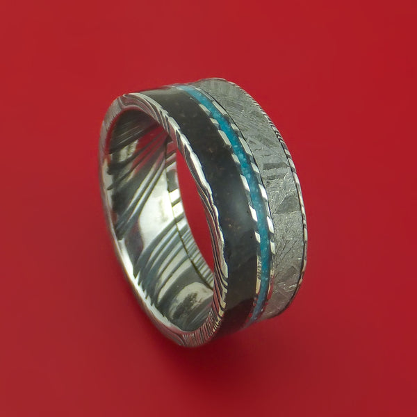 Kuro Damascus Steel Ring with Dinosaur Bone Gibeon Meteorite and ...