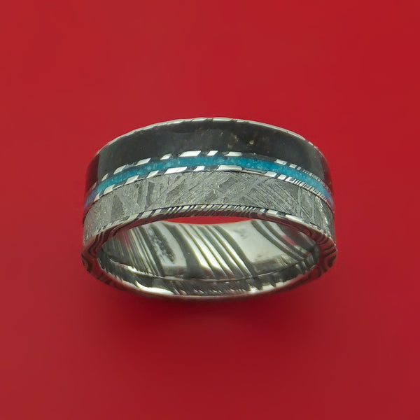 Kuro Damascus Steel Ring with Dinosaur Bone Gibeon Meteorite and ...