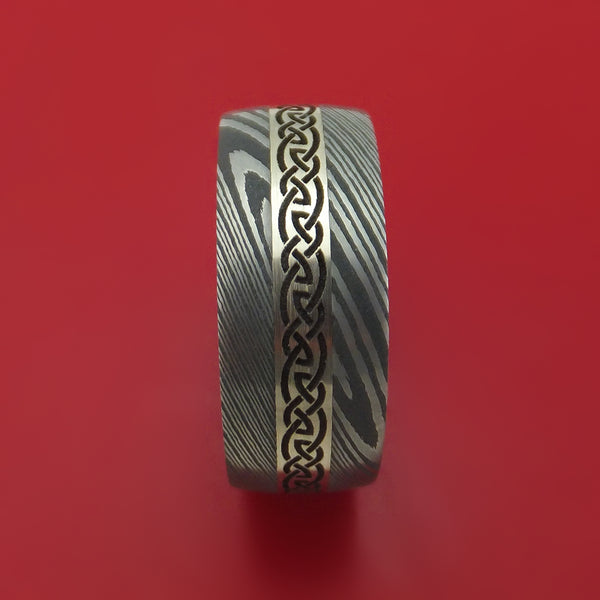 Damascus Steel Celtic Ring With 14K White Gold Inlay And Hardwood Slee ...