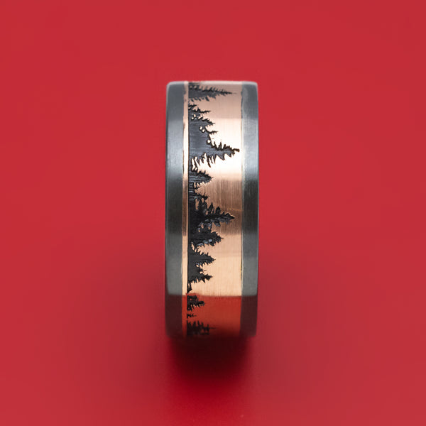 Black Zirconium and Gold Pine Tree Design Ring with Wood Sleeve ...